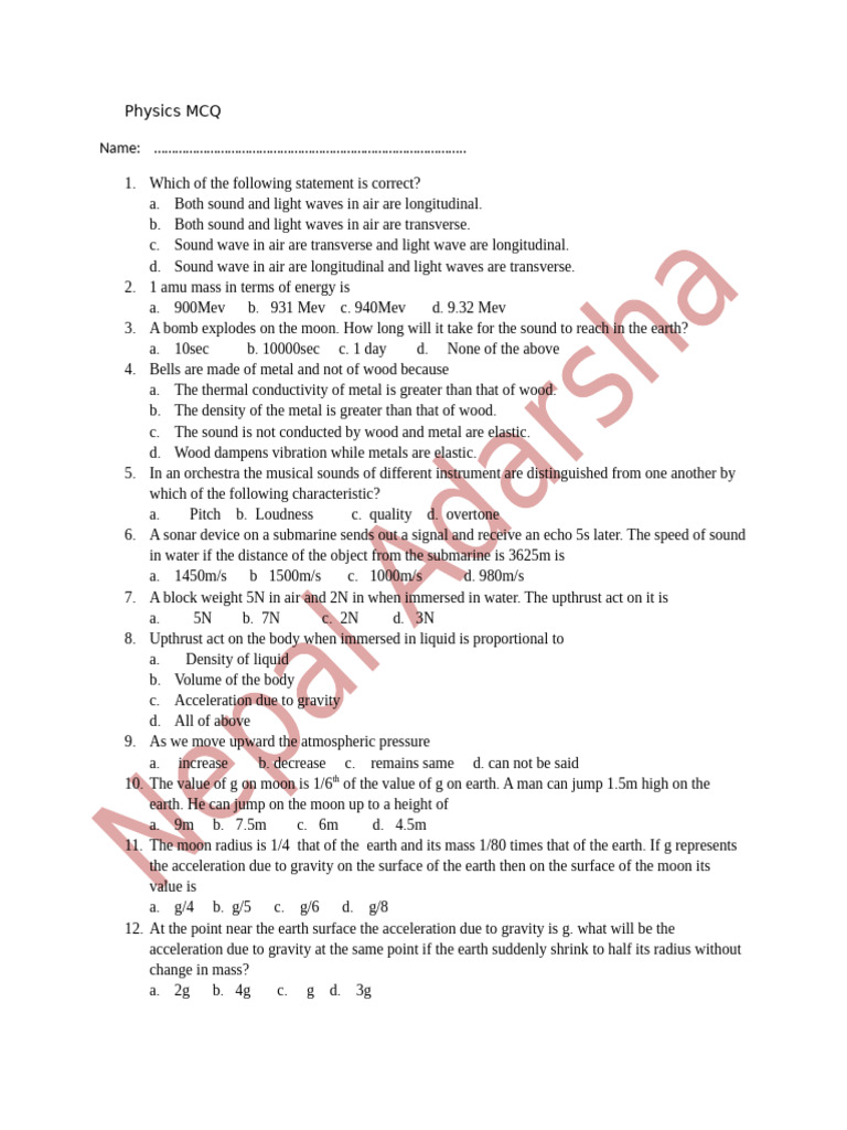 Physics MCQ IV | PDF