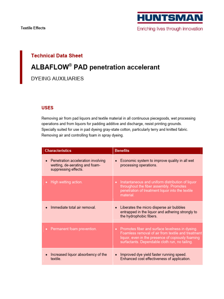 Albaflow Pad TDS | PDF | Textiles | Dyeing