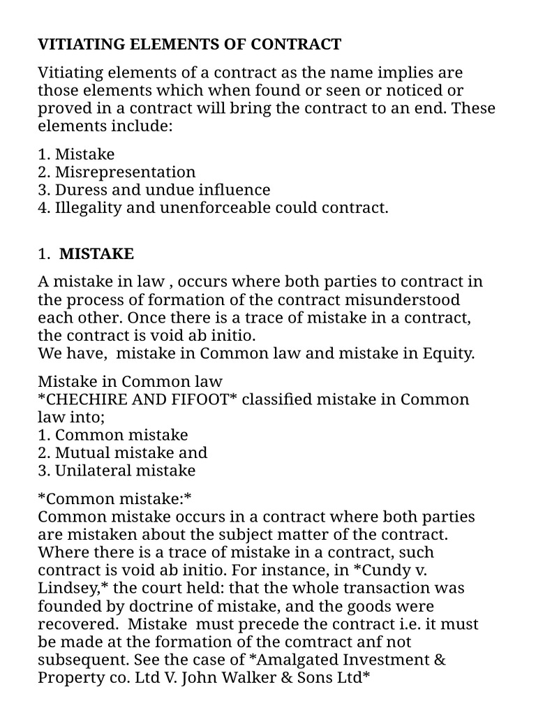 Vitiating Elements of A Contract by M.V. Ugochukwu | PDF ...