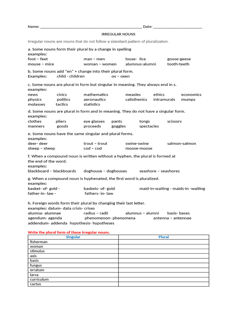 Irregular Nouns Worksheet | PDF | Plural | Language Arts & Discipline