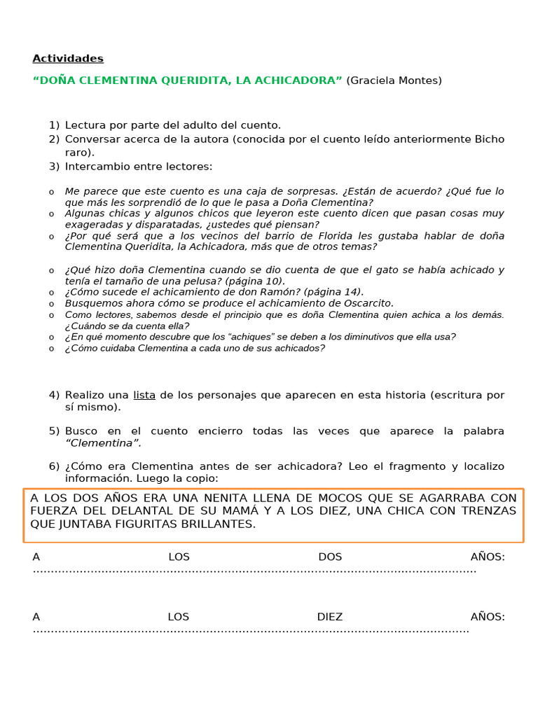 Dona Clementina Queridita Actividiades | PDF