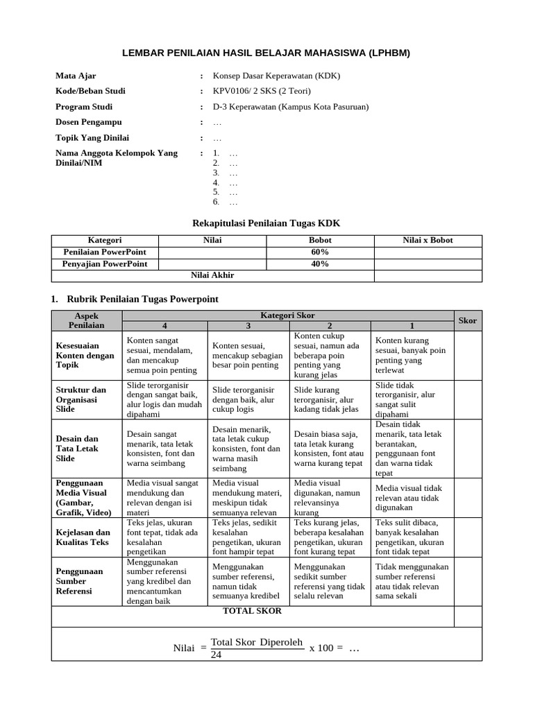 Lembar Penilaian Hasil Belajar Mahasiswa - KDK - 2425.1 | PDF