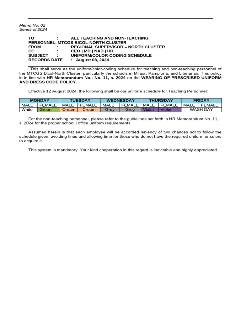Memo Uniform Color Coding Schedule | PDF