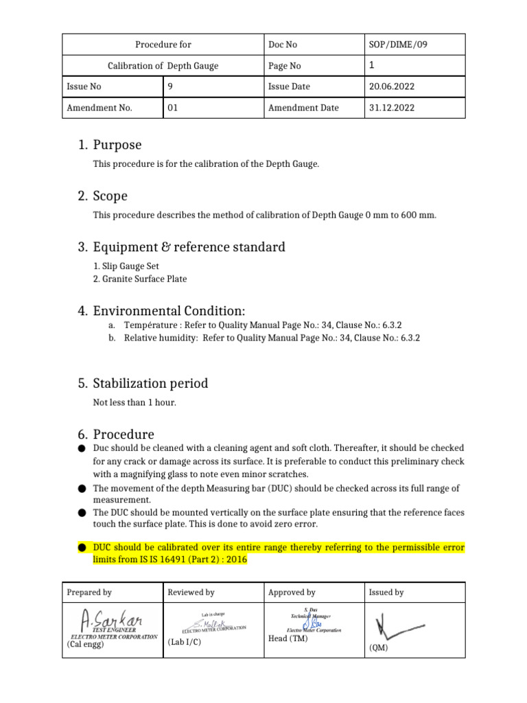 Revised SOP-DIME-09 (Depth Gauge) | PDF