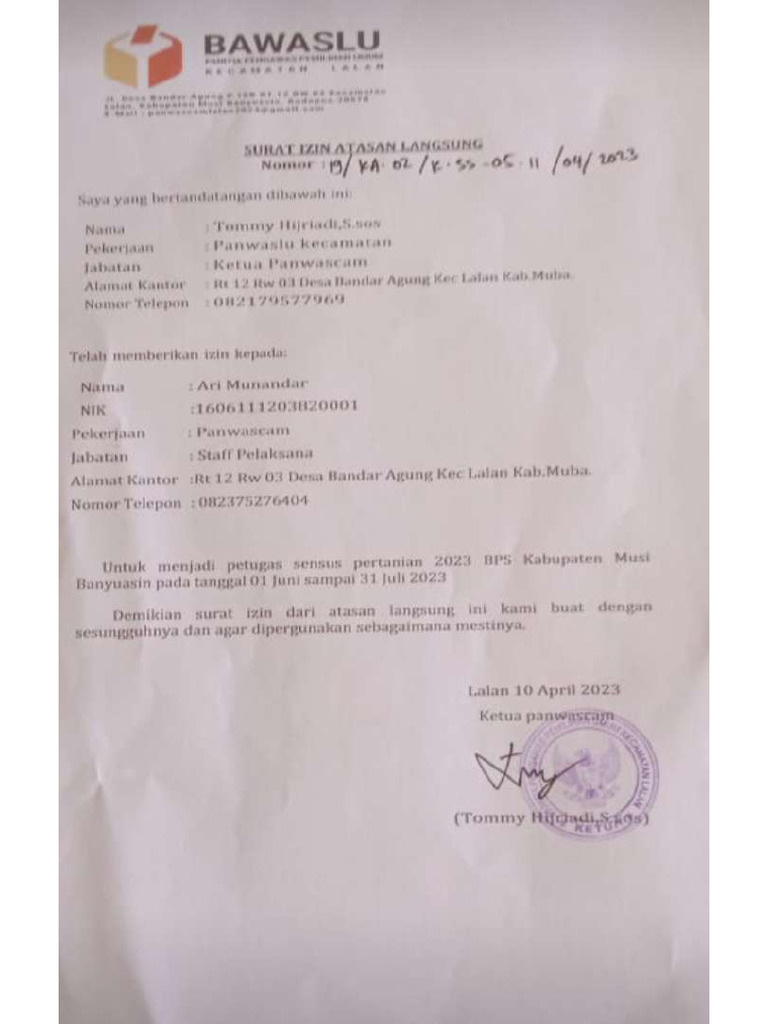 Surat Rekomendasi Kerja Bps | PDF