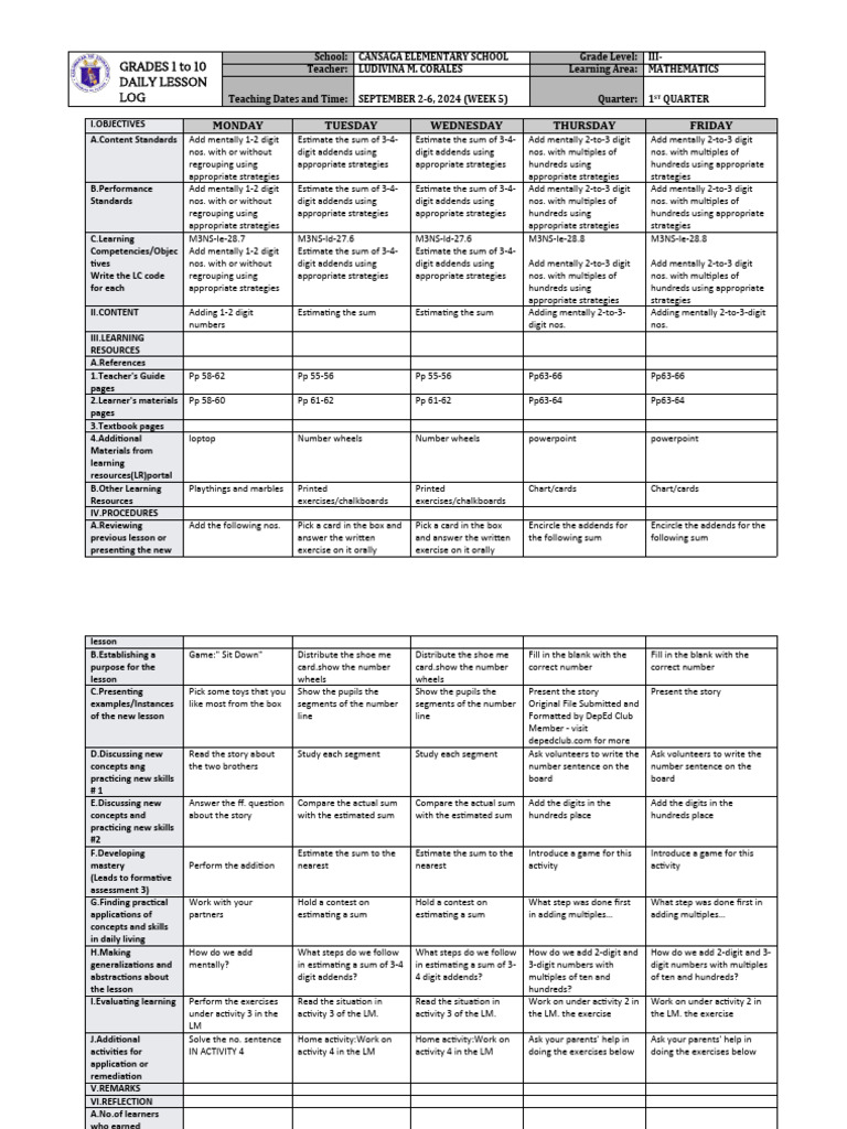 DLL - Mathematics 3 - Q1 - W5 | PDF