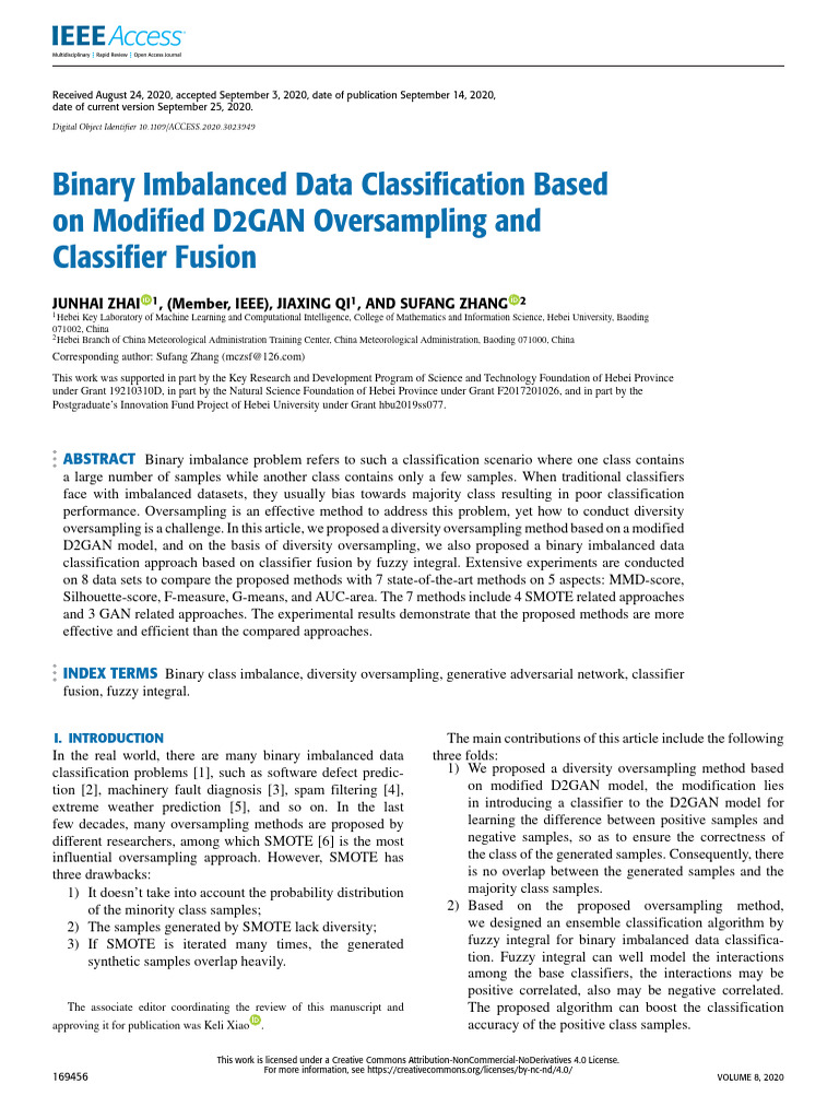 Binary Imbalanced Data Classification Based On Modified D2GAN Oversampling and Classifier Fusion ...