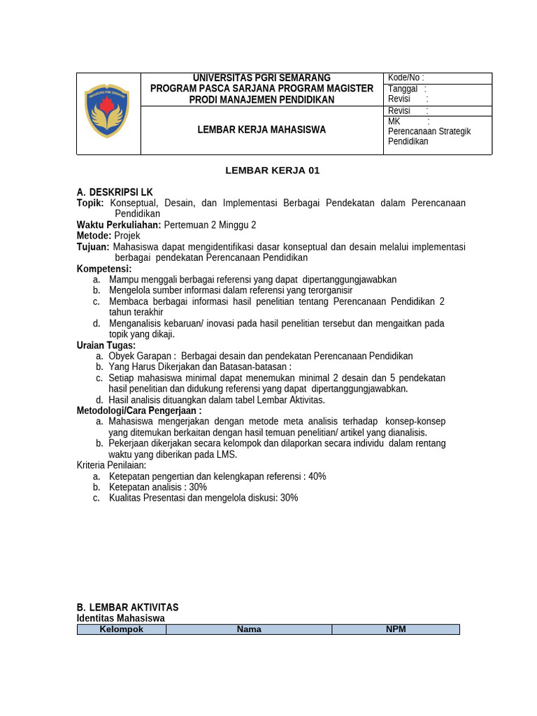 LKM - 1.1 - MK - Perencanaan - Strategik - Pendidikan - (Pertemuan - 1) KELOMPOK 6 | PDF