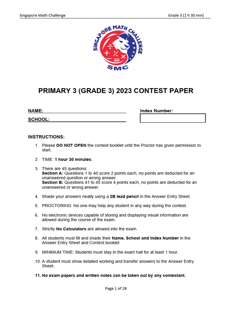 2023 Singapore Math Challenge Grade 3 V 2 | PDF