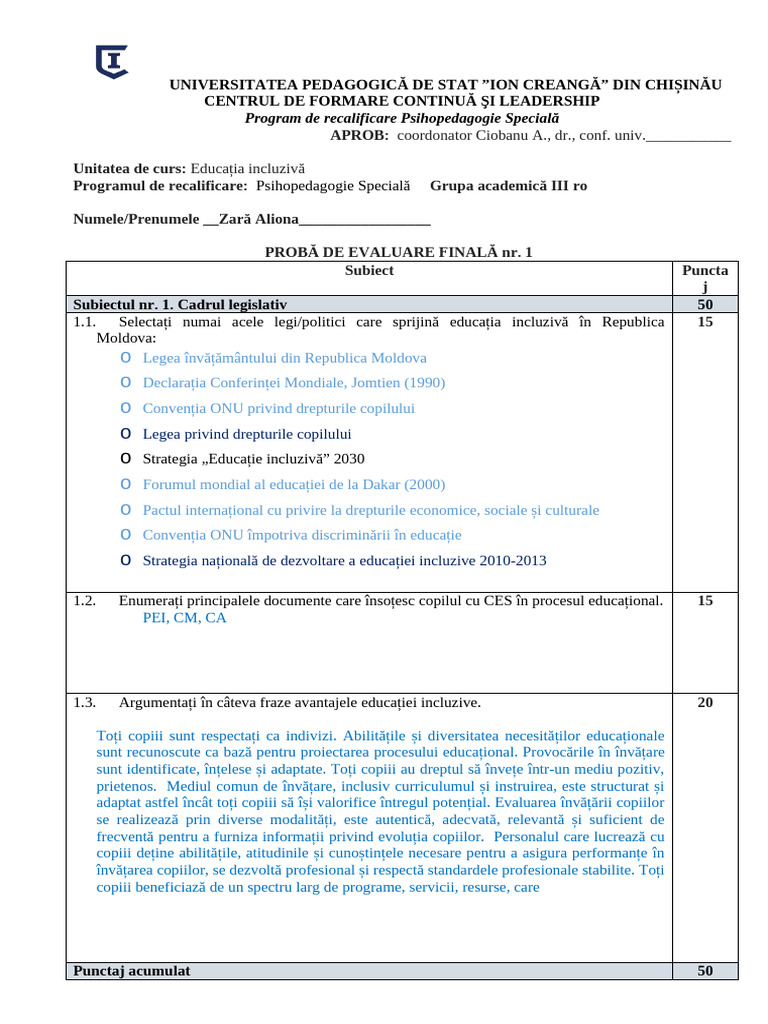 Proba Evaluare Finala Ed. Incluzivă 2024 | PDF