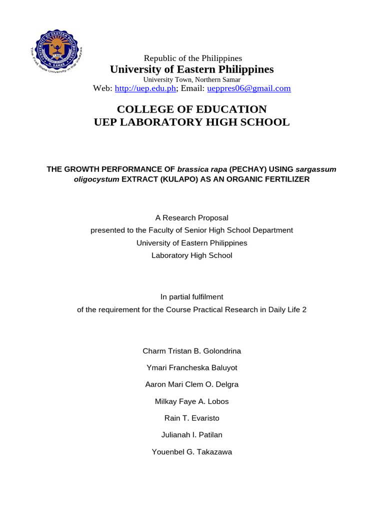 The Growth Performance of Brassica Rapa (Pechay) Using Sargasssum ...