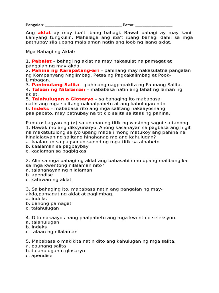 Bahagi NG Aklat Final Worksheet | PDF | Language Arts & Discipline ...