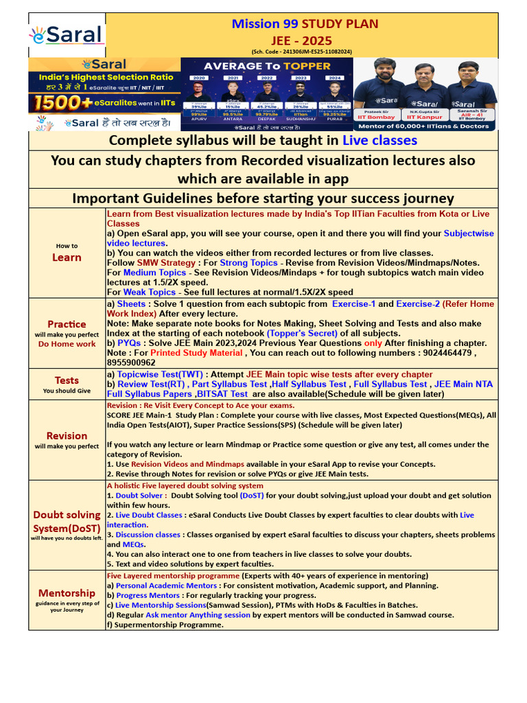 JEE 2025 Mission 99 Study Plan | PDF