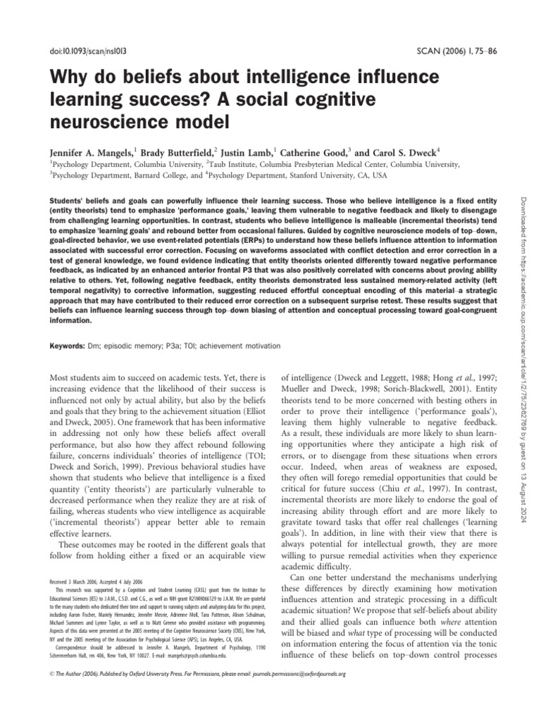 Why Do Beliefs About Intelligence Influence Learning Success A Social ...