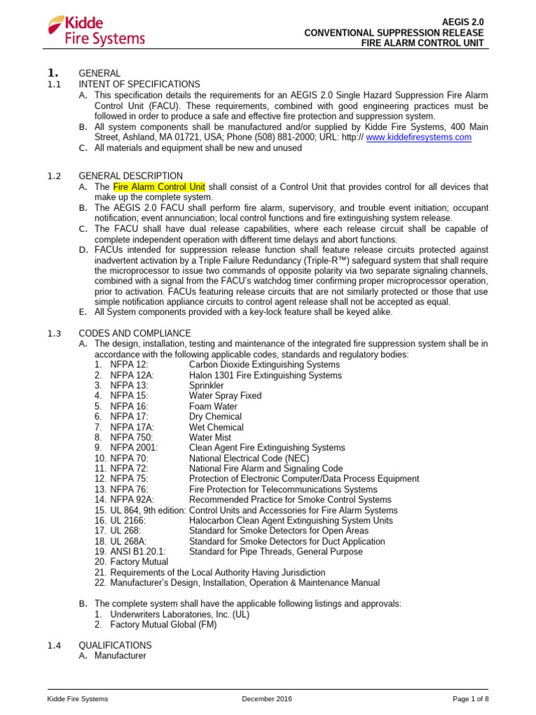 Kidde Spec - D&C - AEGIS 2.0 - 2016-12 | PDF