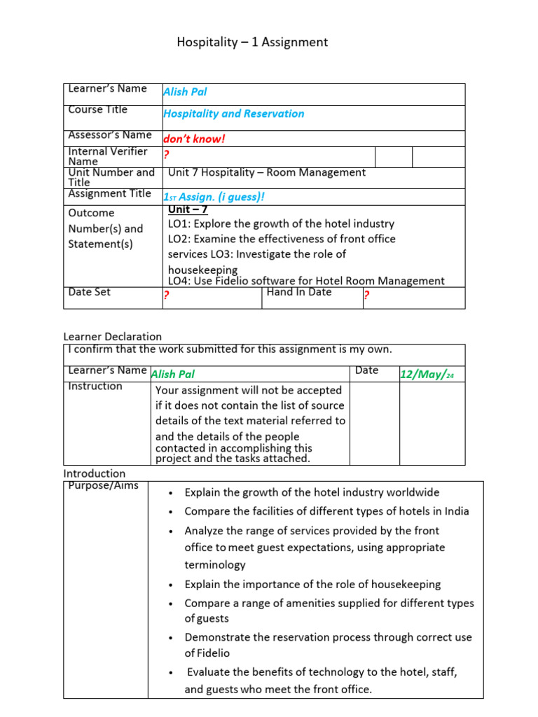 Hos-Pos Tell E T's Assignment 1 ANS | PDF | Hotel | Business