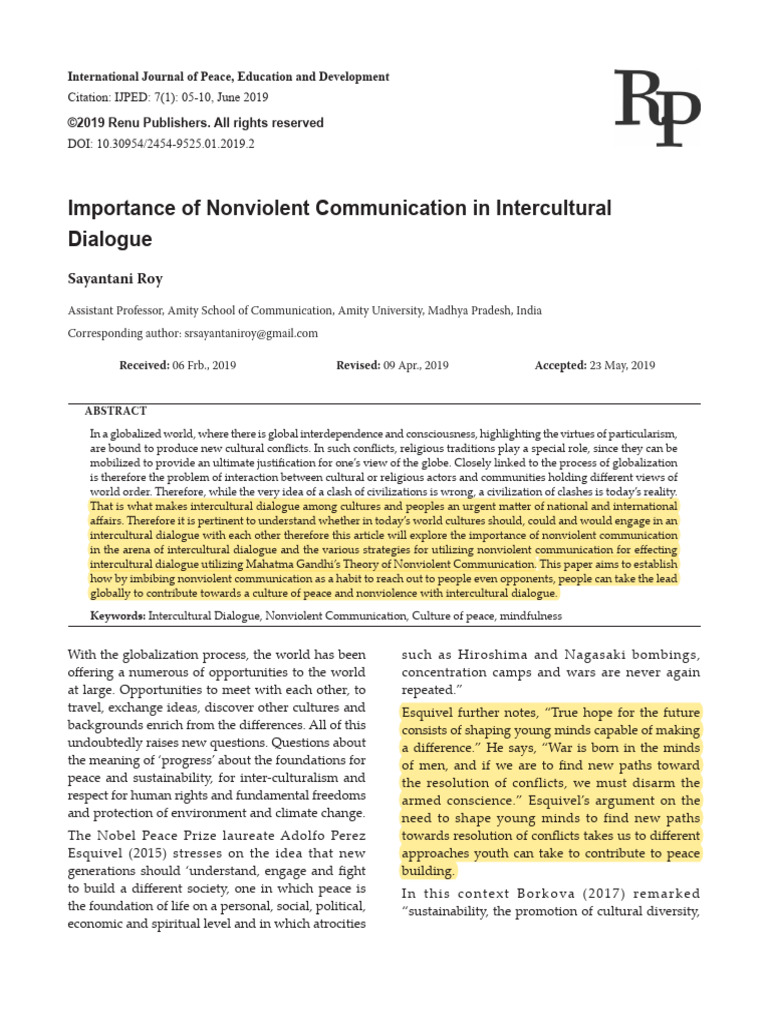 Importance of Nonviolent Communication in Intercultural Dialogue | PDF