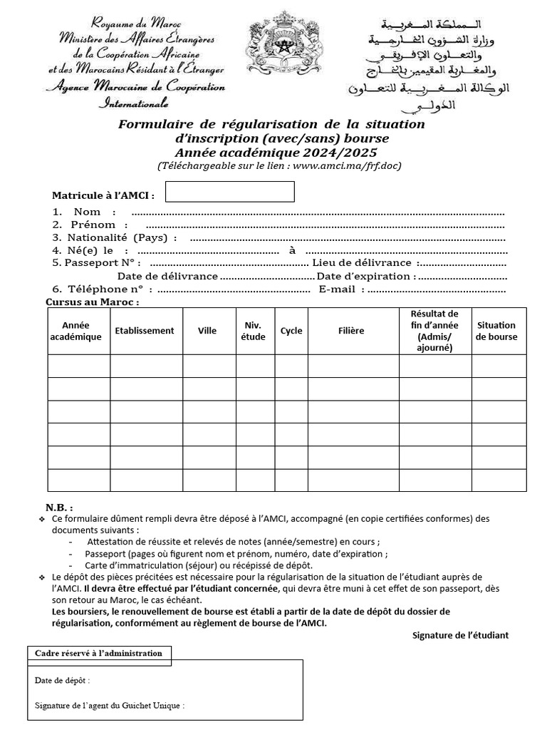 Formulaire de Régularisation 2024 - 2025 | PDF