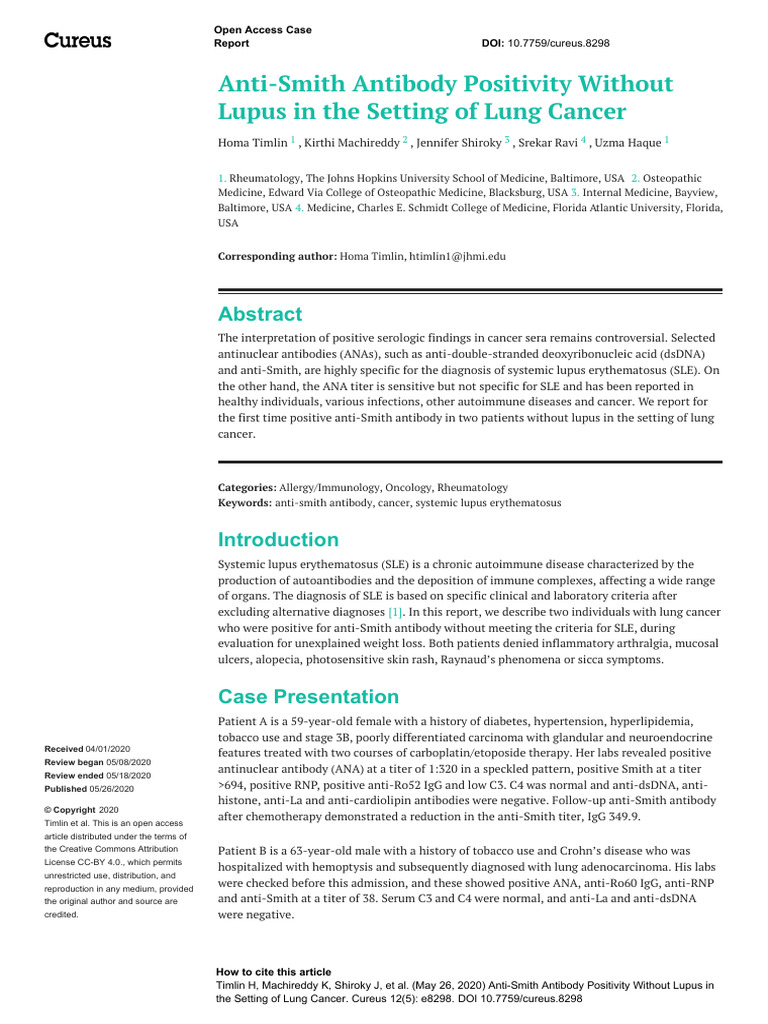 Anti-Smith Antibody Positivity Without Lupus in The Setting of Lung ...