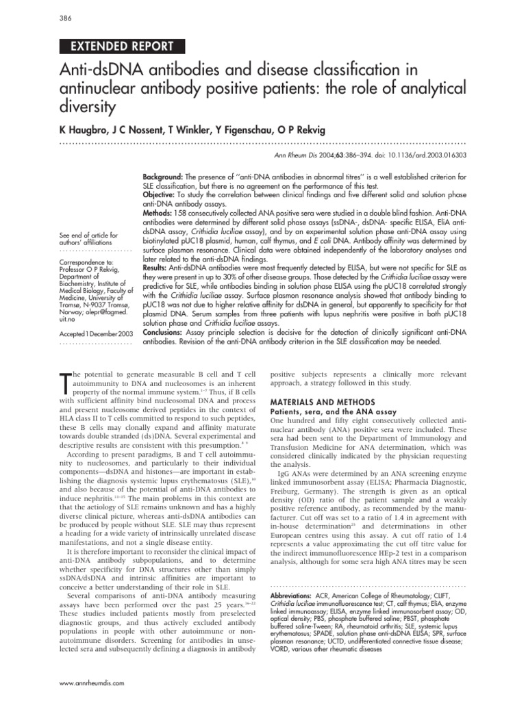 Anti-dsDNA Antibodies and Disease Classification in ANA Positive ...