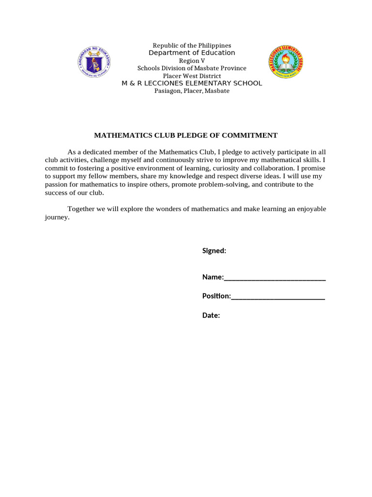 Mathematics Club Pledge of Commitment | PDF