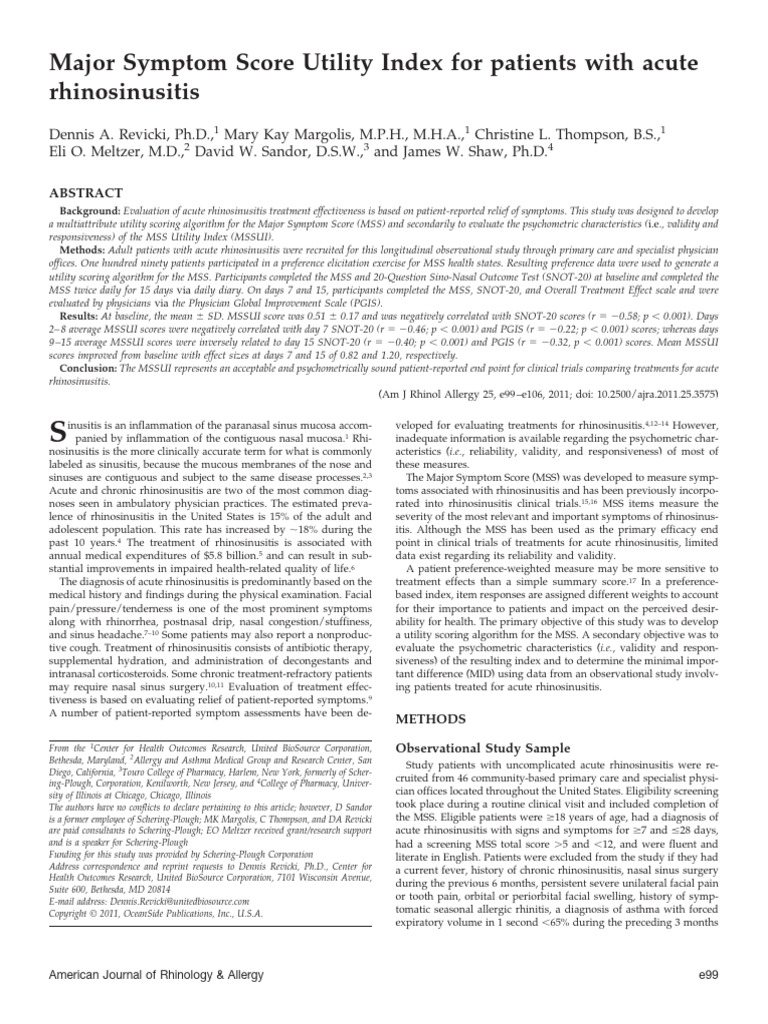 Major Symptom Score Utility Index For Patients With Acute ...