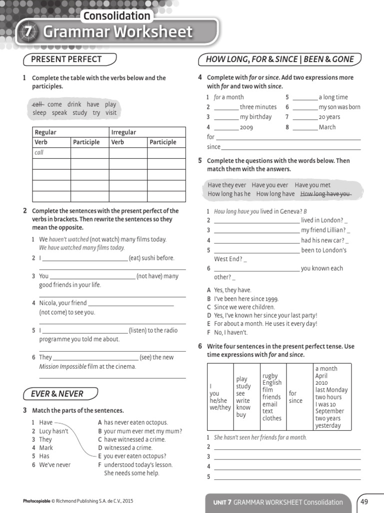 Achievers A2 Grammar Worksheet Consolidation Unit 7 | PDF