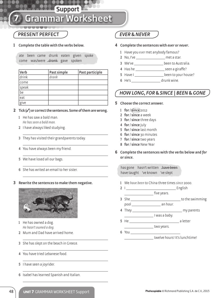 Achievers A2 Grammar Worksheet Support Unit 7 | PDF