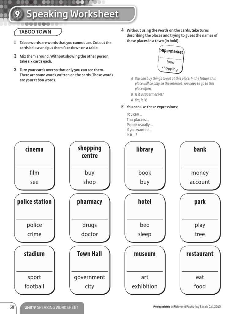Achievers A2 Speaking Worksheet Unit 9 | PDF