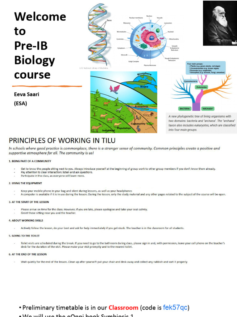 Welcome To Pre-IB Biology Course: Eeva Saari (ESA) | PDF