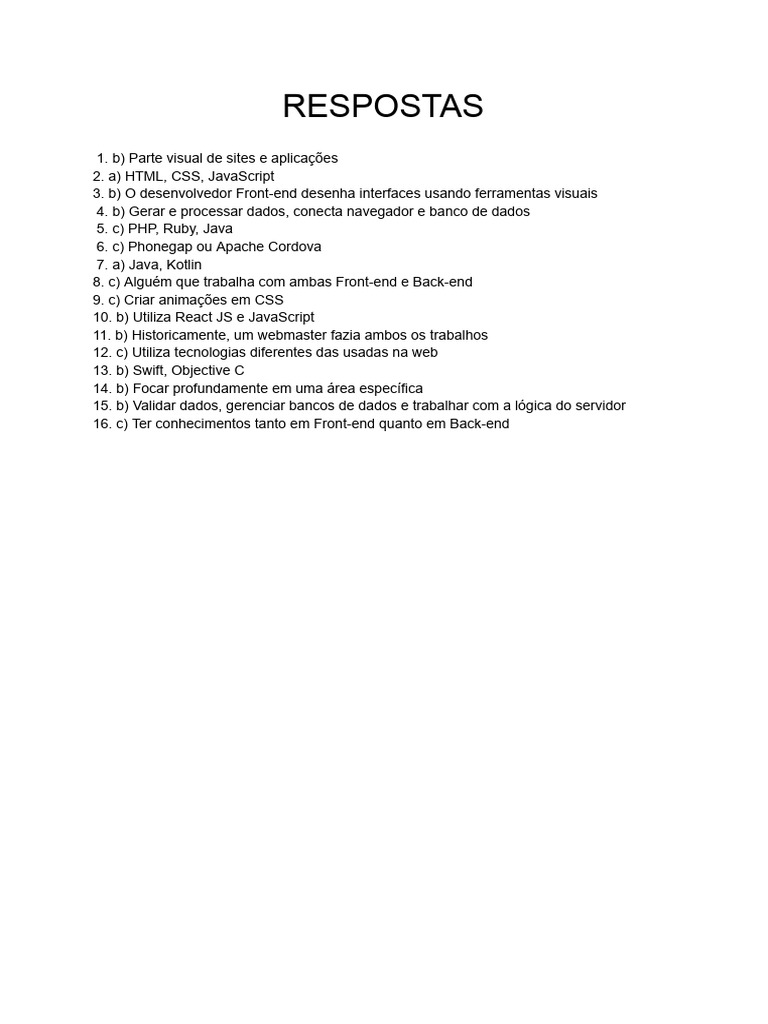 Respostas Front End Back End | PDF Respostas Front End Back End | PDF