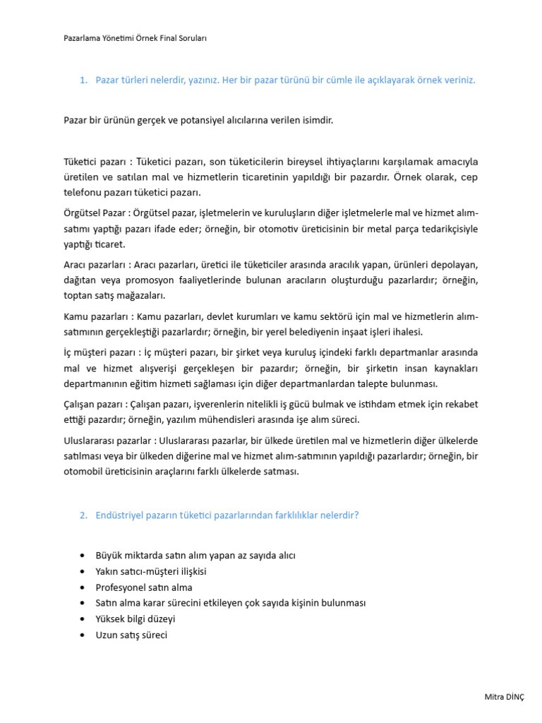 PazarlamaYonetimi-örnek Final Sorular | PDF