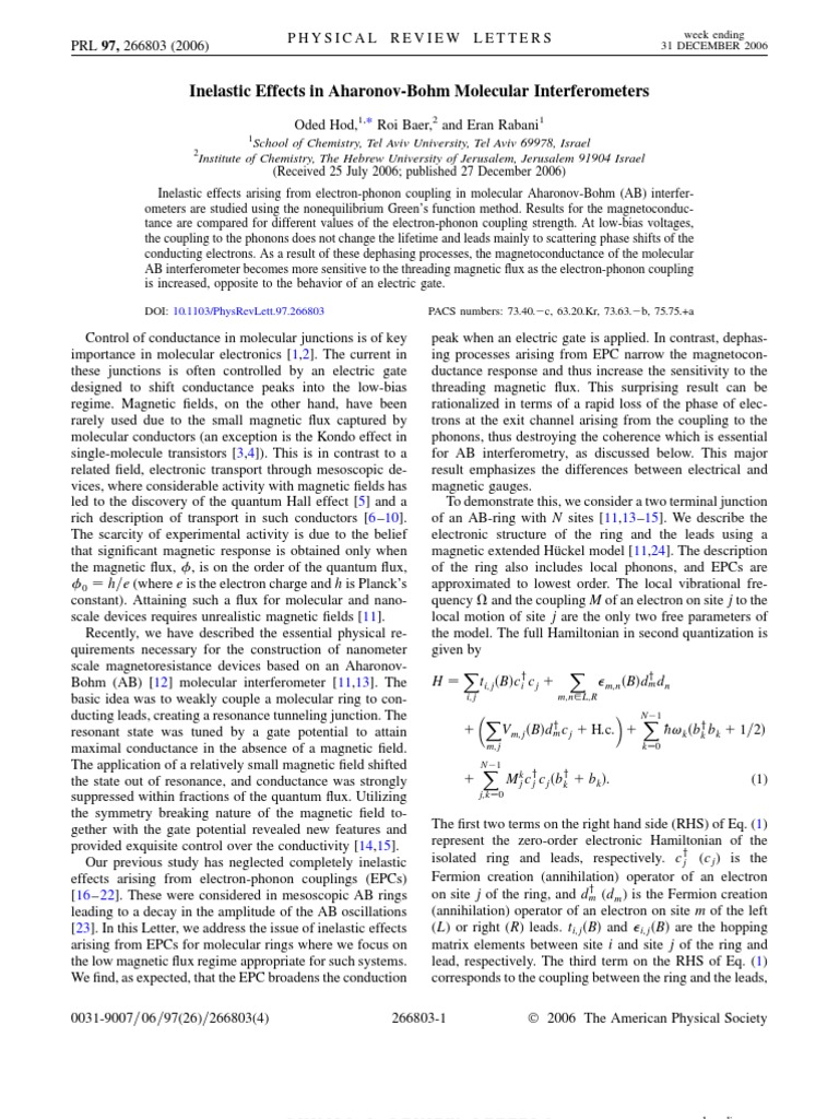 Oded Hod, Roi Baer and Eran Rabani - Inelastic Effects in Aharonov-Bohm ...