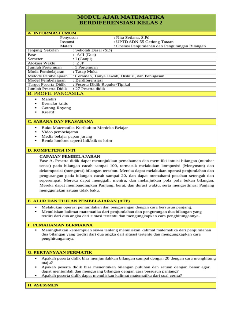 Modul Ajar Penjumlahan Bilangan Kelas 2 Observasi | PDF