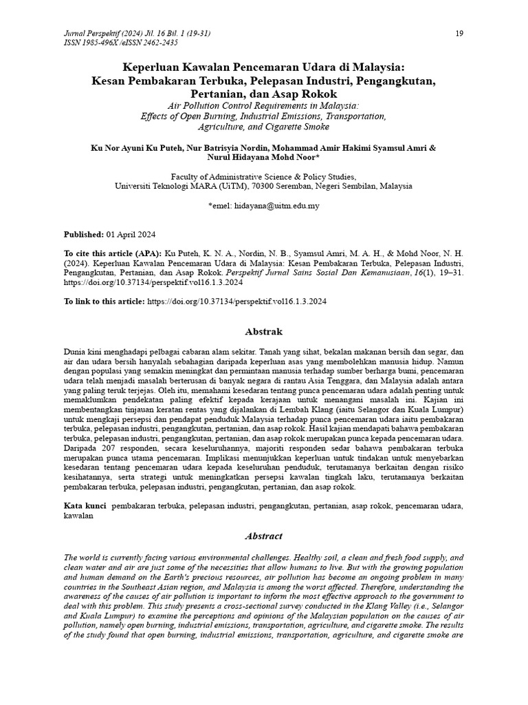 Keperluan Kawalan Pencemaran Udara Di Malaysia: Kesan Pembakaran ...