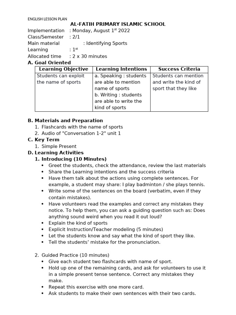 English Lesson Plan 1 | PDF
