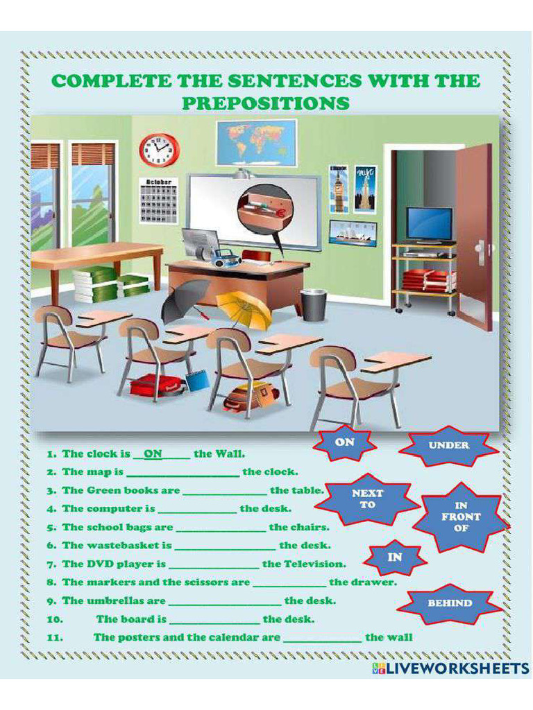 Prepositions of place and classroom objects activity | PDF
