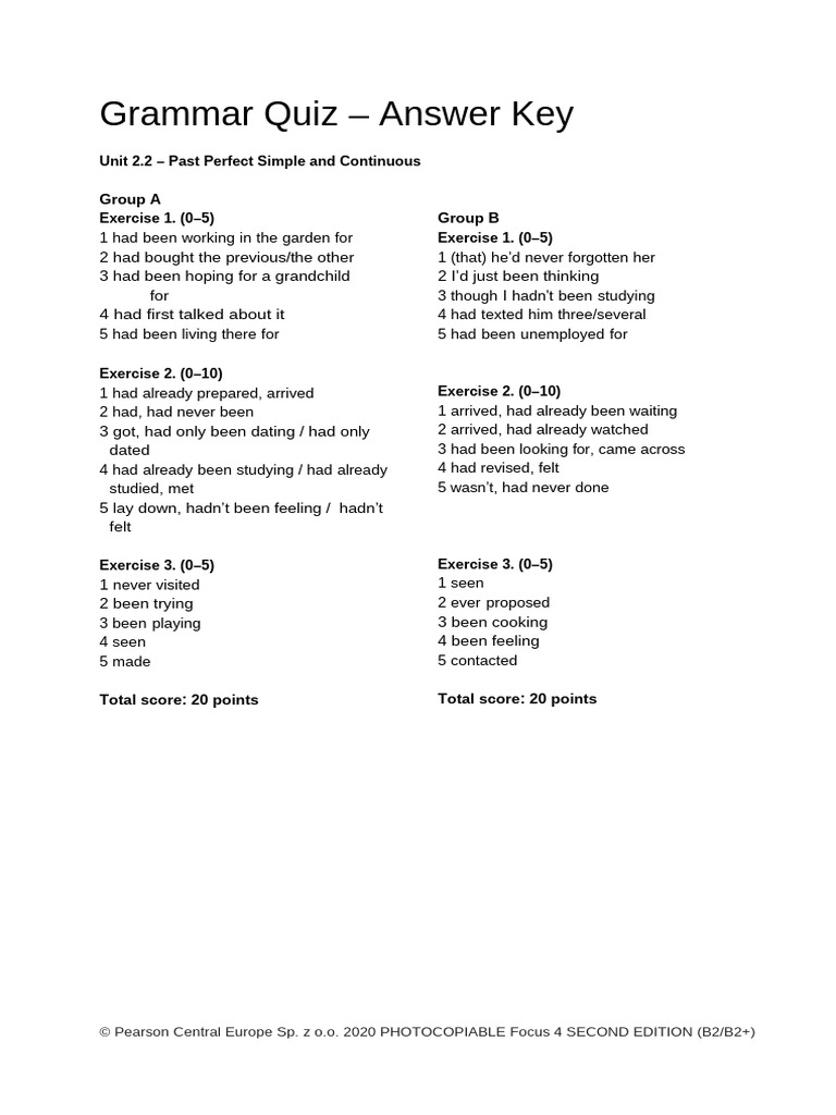 Focus 4 Unit 2 Grammar Quiz Answers | PDF
