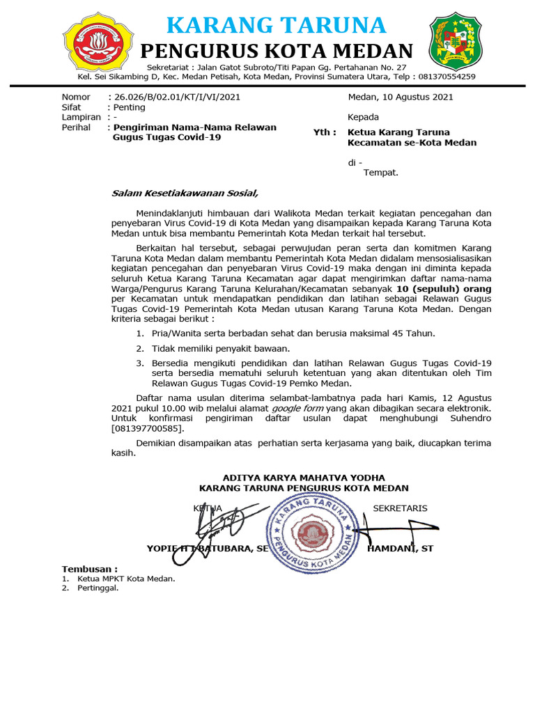 Surat Relawan Gugus Tugas Covid19 | PDF