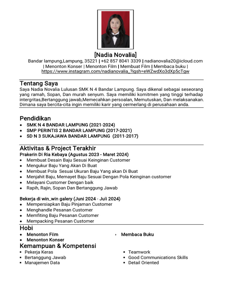 CV Nadia Novalia Yang Diringkas | PDF