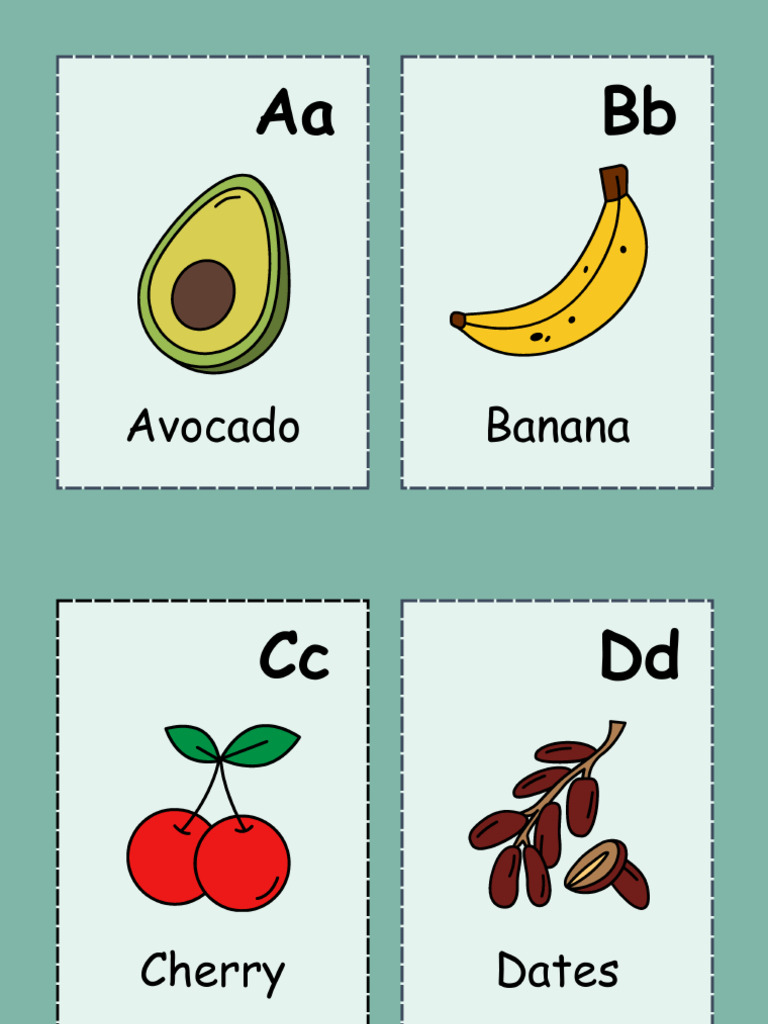 Fruits Alphabet Kids Vocabulary Flashcards in Mint Playful Illustrated ...