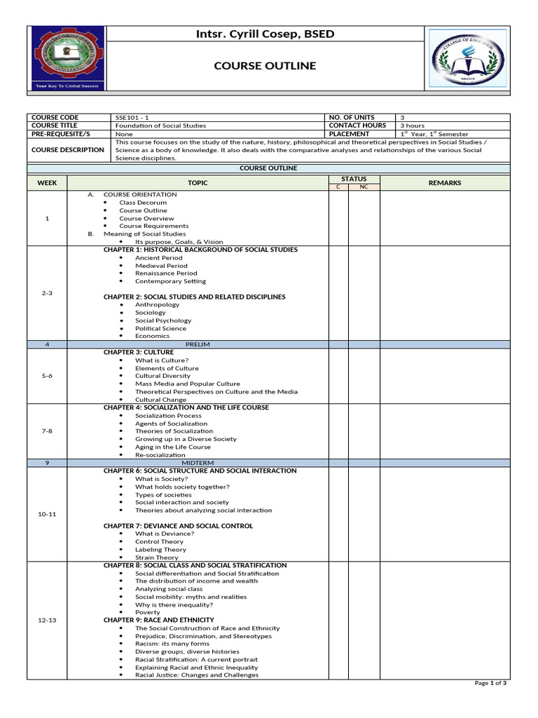 Course Outline- Foundation of Social Studies | PDF