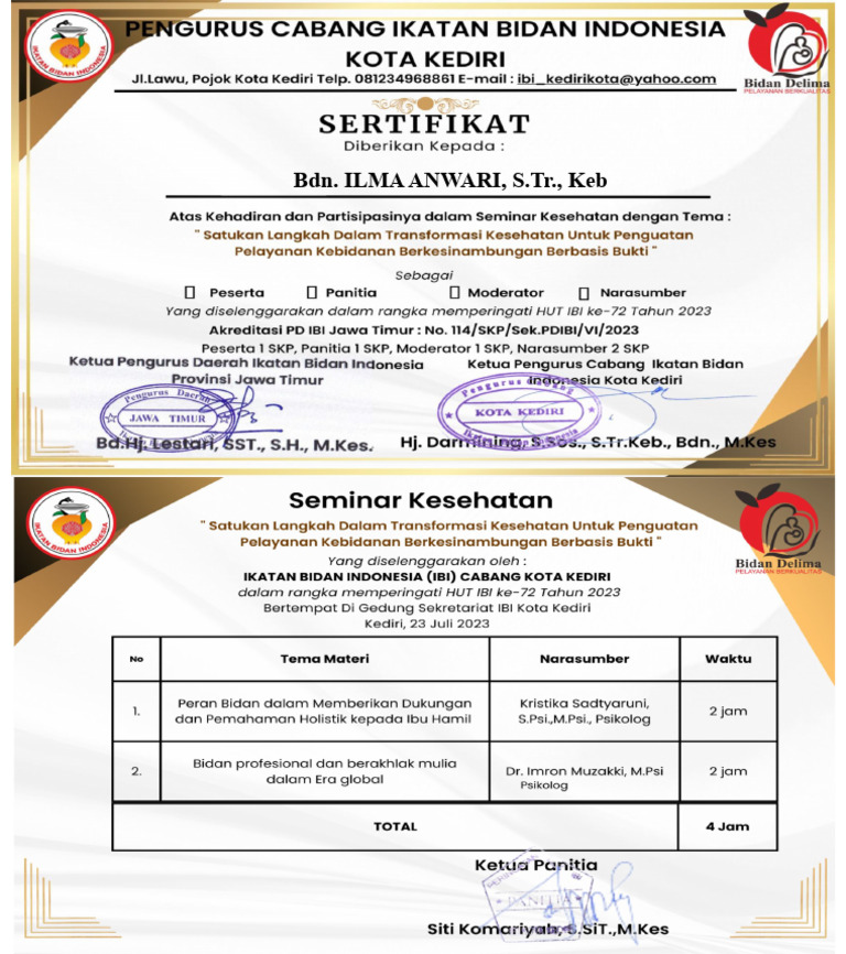 E-Sertifikat Hut Ibi Gambiran Bdn. Ilma Anwari, S.TR., Keb (1) (2023) | PDF