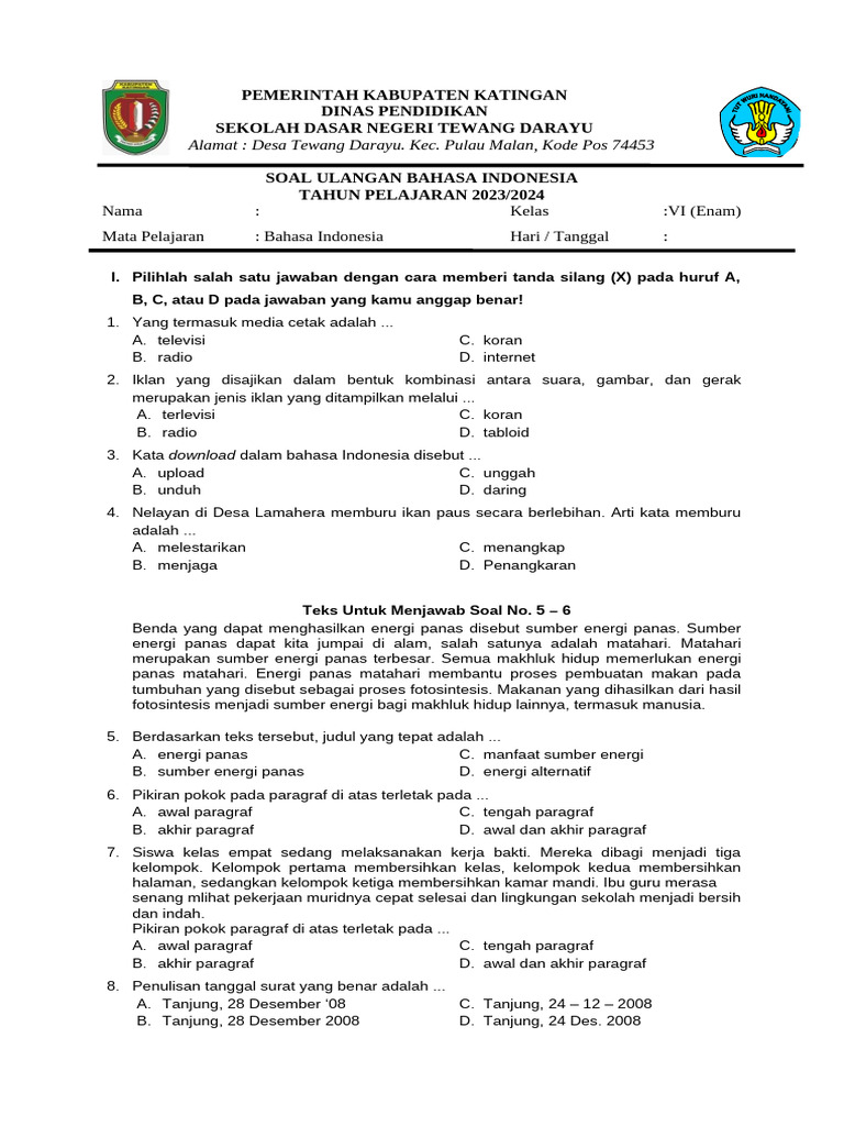 Soal B.indo KLS Vi | PDF