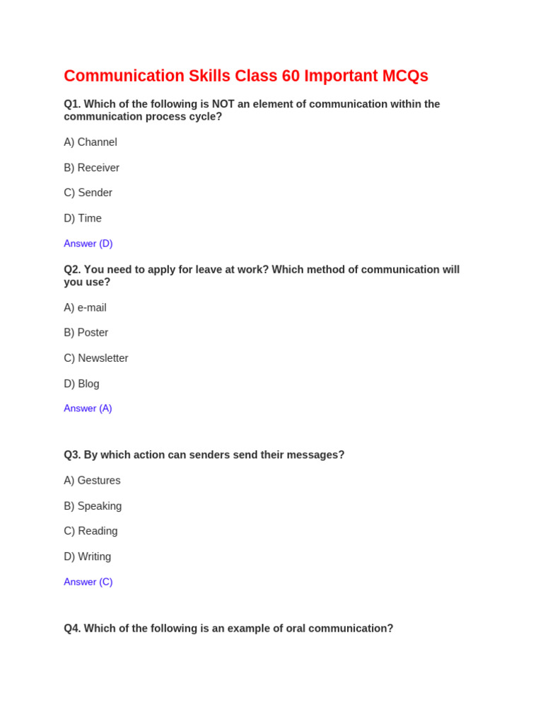 Communication Skills Class 10 Important MCQs | PDF