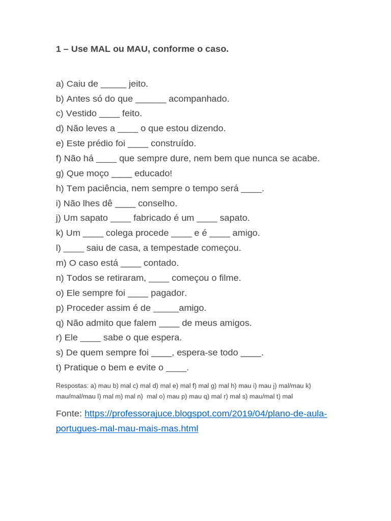 MAL OU MAU - ATIVIDADES | PDF