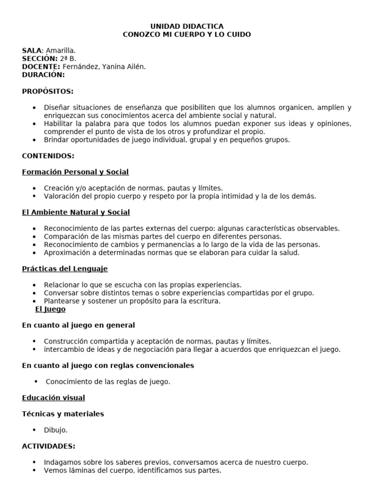 Unidad Didactica Conozco Mi Cuerpo | PDF