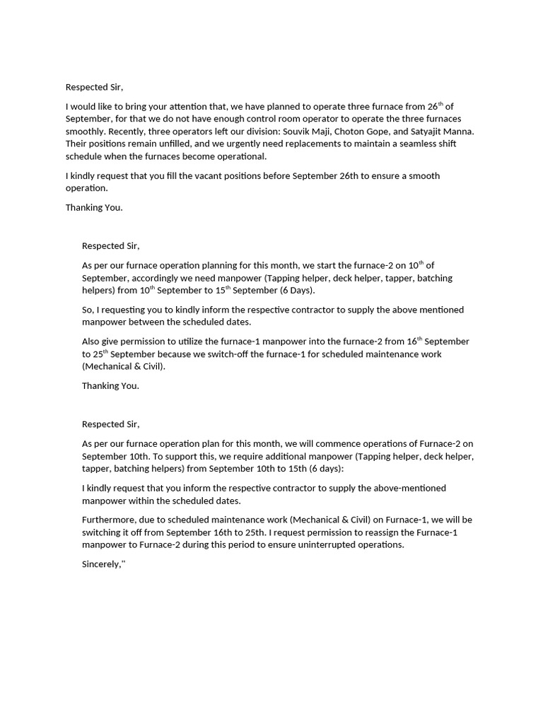 Manpower Shortage Letter | PDF