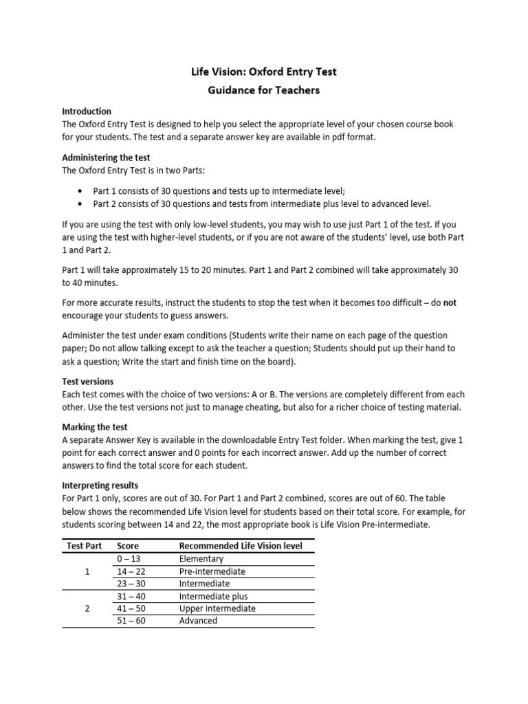 Life Vision Oxford Entry Test Guidance For Teachers | PDF