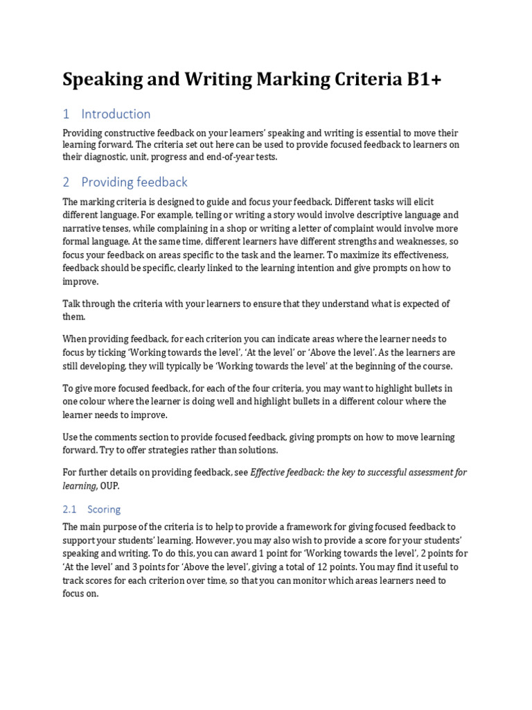 Speaking and Writing Marking Criteria B1P | PDF